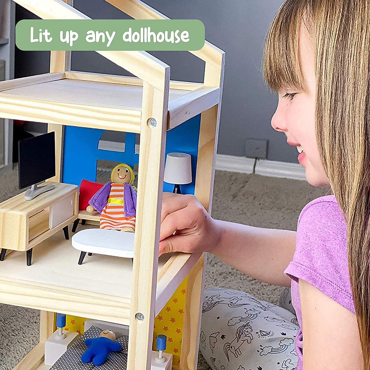 Pidoko Kids Wooden Dollhouse Furniture (33 Pcs) and 5 Family Dolls - DIY Accessories - Kitchen, Bathroom, Living Room, Bedroom