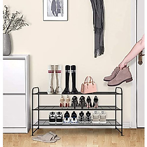 KEETDY 3-Tier Long Shoe Rack for Closet Metal Shoe Organizer for Entryway, Wide Stackable Shoe Storage Shelf with Sturdy Wire Grid for Closet Floor, Bedroom, Black