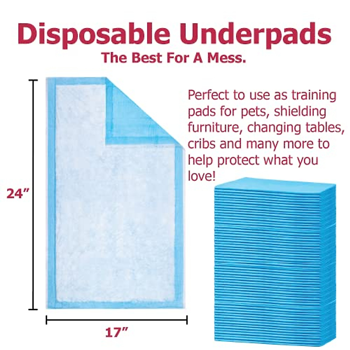 Dealmed Standard Non-Sterile Medical Underpads, 100 Count Disposable 2-Ply Tissue Fill, 24" x 17", Blue, 100 Count, Perfect for Pet Pads, Furniture Protection and More, 100 Count (1 Pack)