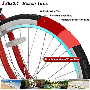 HH HILAND Beach Cruiser Bike for Adults, 26 inch Step-Through Frame Womens Bicycle, Single Speed City Bike Commuter Bicycle for Women, Rear Coaster Brakes, Black Blue Red