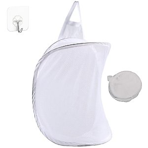 Over The Door Pop Up Mesh Hamper, Qtopun Adjustable Strap Hanging Laundry Hamper Foldable Dirty Cloth Basket With Sticky Hook - White