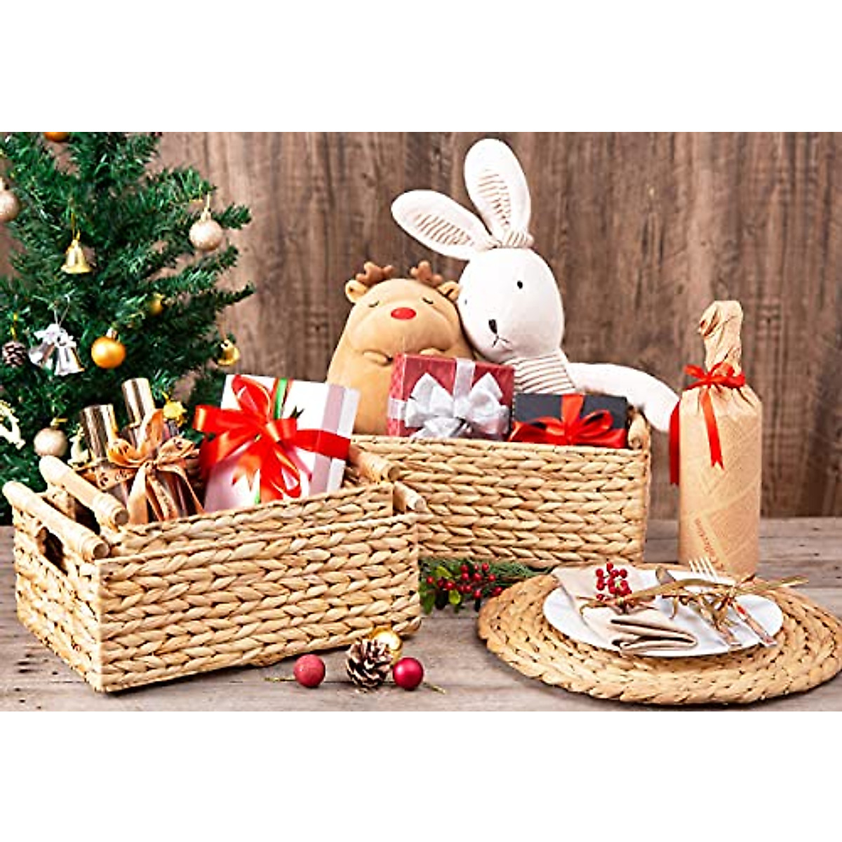 Large Water Hyacinth And Seagrass Basket Storage Wicker Basket Rectangular with Wooden Handles for Shelves