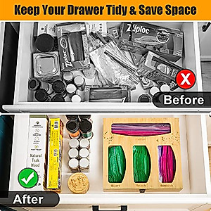 AKAT HOME Bamboo Ziplock Bag Storage Organizer & Baggie Dispenser for Kitchen Drawer – Wooden Zip Lock Container Holder Wall Gallon,Sandwich,Snack,Quart (Flip, Engraved, - M1)