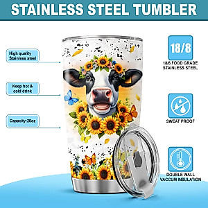JENOIS Just A Girl Dairy Cow, Tumbler 20 Oz With Lid And Straw, Print Cups Floral Sunflower Handle Flower, Cow Gifts