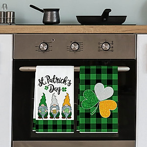 AnyDesign St. Patrick's Day Kitchen Towel 18 x 28 Inch Irish Color Gnome Shamrock Dish Towel 18 x 28 Inch Green Black Buffalo Plaids Hand Drying Tea Towel for Cooking Baking Cleaning Wipes, 2 Pack