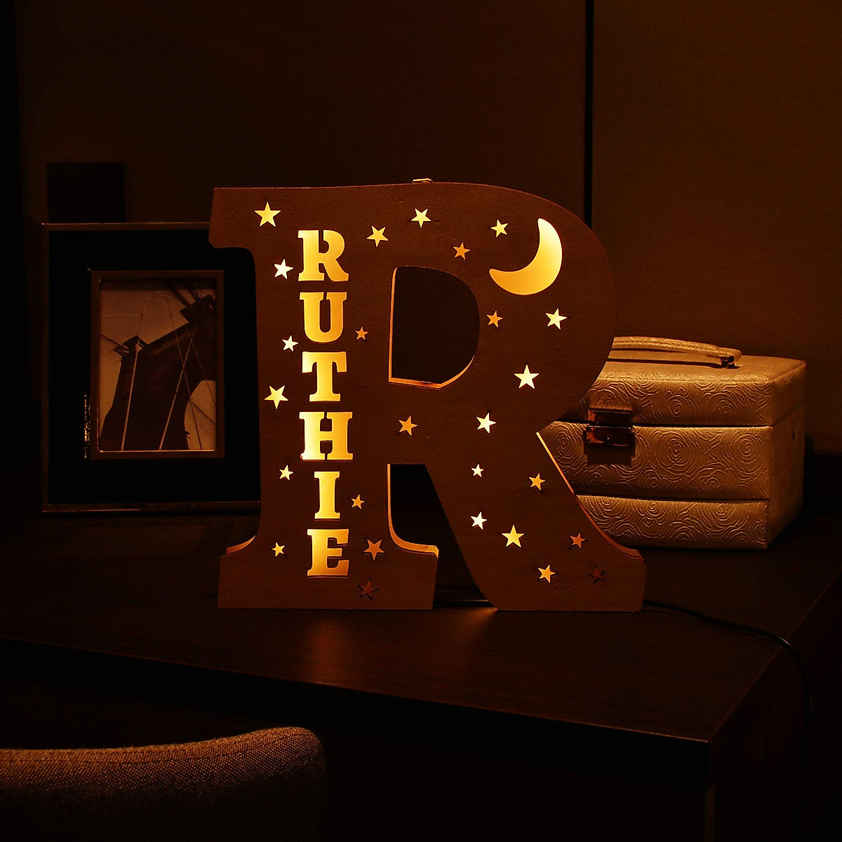 Name-Specific Wooden lamp Personalized Wood Letter Wall Light & Custom Sign Letters Wooden for Kids Room Wooden Children's Moon Stars Bedside lamp (Yellow)