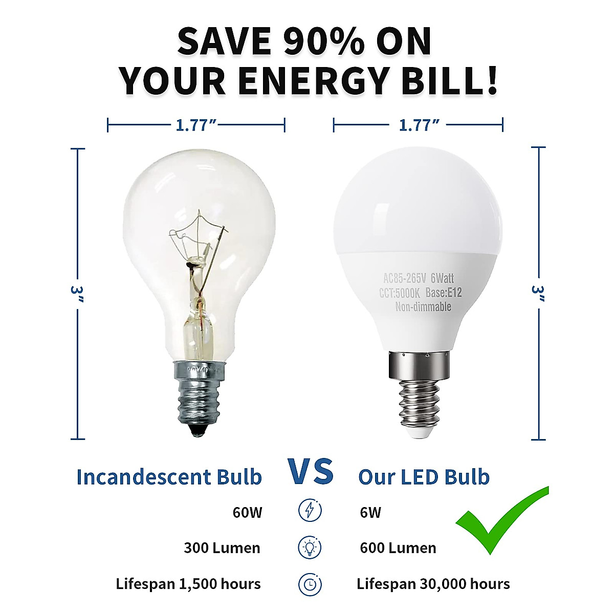 8 Pack E12 LED Ceiling Fan Light Bulbs 120V 60W Eqv., Daylight 5000K, A15 Candebalra Light Bulbs Small Base, Bright LED Bulb Round, Not Dimmable