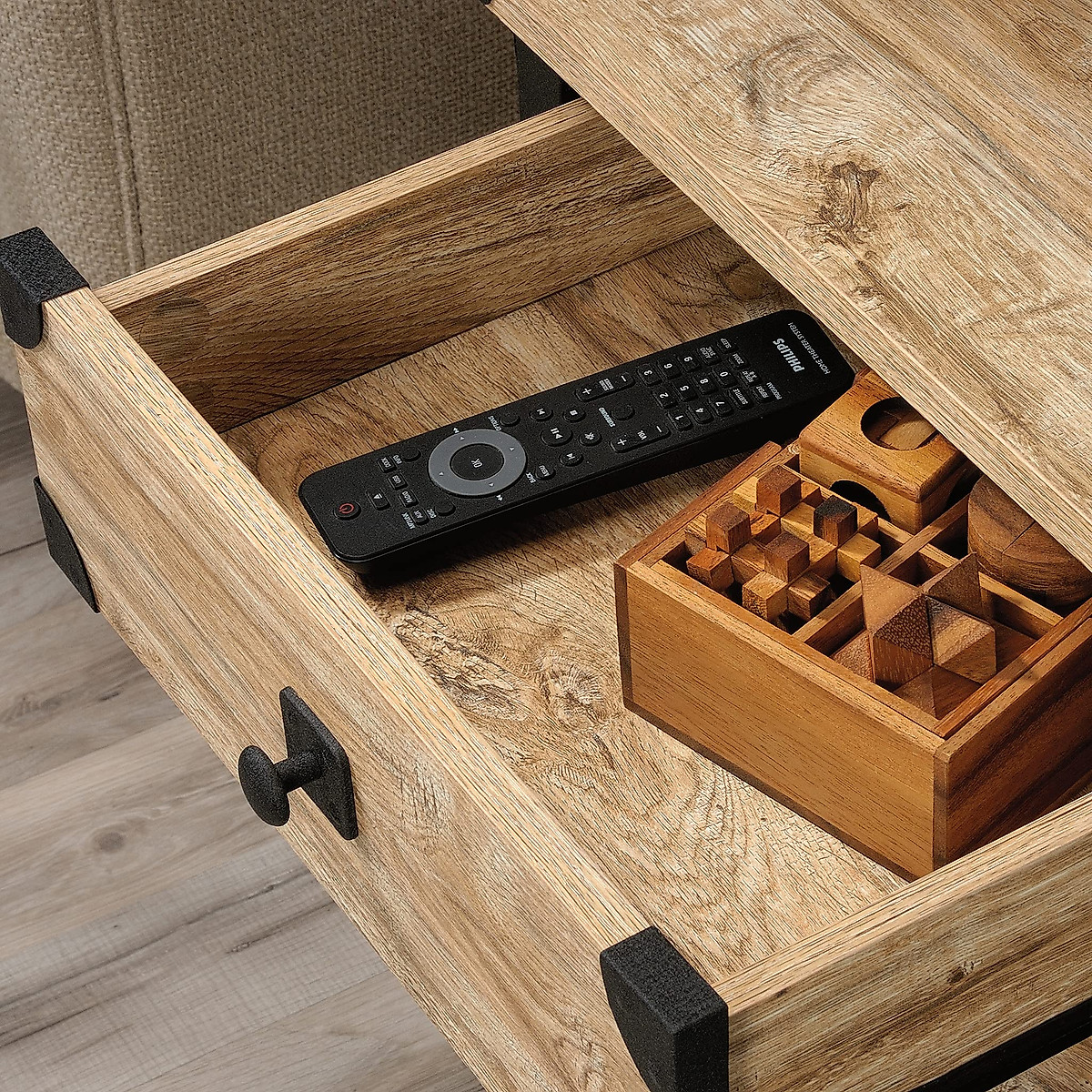 Sauder Steel River Side Table, L: 22.44" x W: 21.65" x H: 23.11", Milled Mesquite Finish