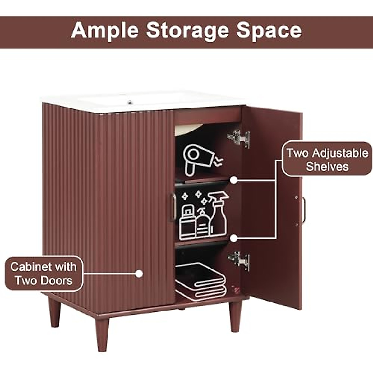 Tomkate 24 Inch Bathroom Vanities with Sink, Freestanding Bathroom Vanity with Ceramic Single Sink Combo, Modern Undermount Bathroom Sink Cabinet with Two Doors, Adjustable Shelves (Rosy)