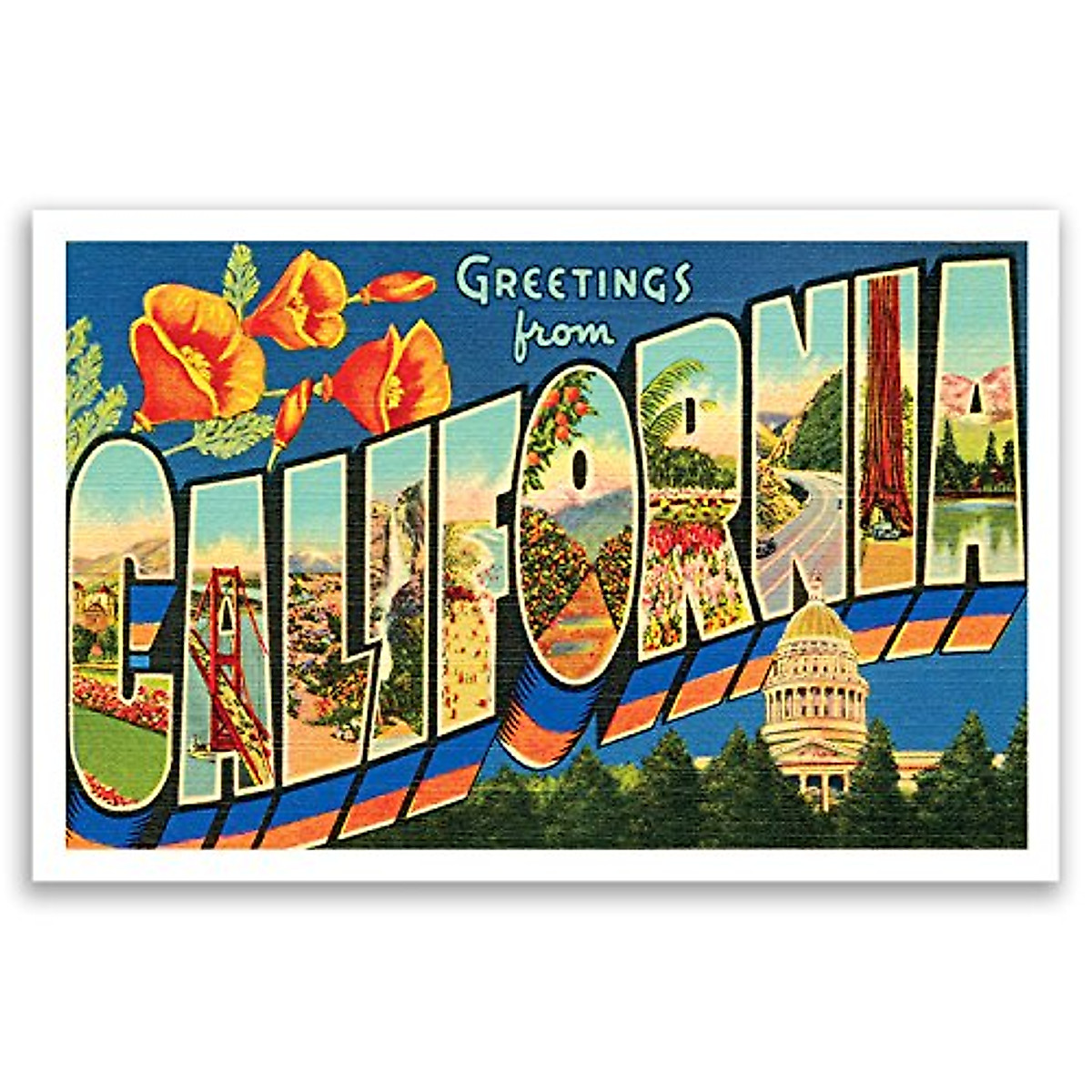 GREETINGS FROM CALIFORNIA vintage reprint postcard set of 20 identical postcards. Large letter US state name post card pack (ca. 1930's-1940's). Made in USA.