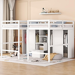 BIADNBZ Wooden Double Twin Size Loft Bed with Two Wardrobes and Staircase for Kids/Teens/Bedroom,White