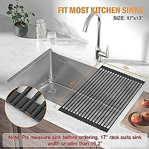 LEMIKKLE Roll Up Dish Drying Rack 17" x 13", Over The Sink Dish Drainer Rack, Foldable Sink Drying Rack, Anti-Slip Silicone Wrapped Dish Drainer for Kitchen Counter (Black 17" x 13")
