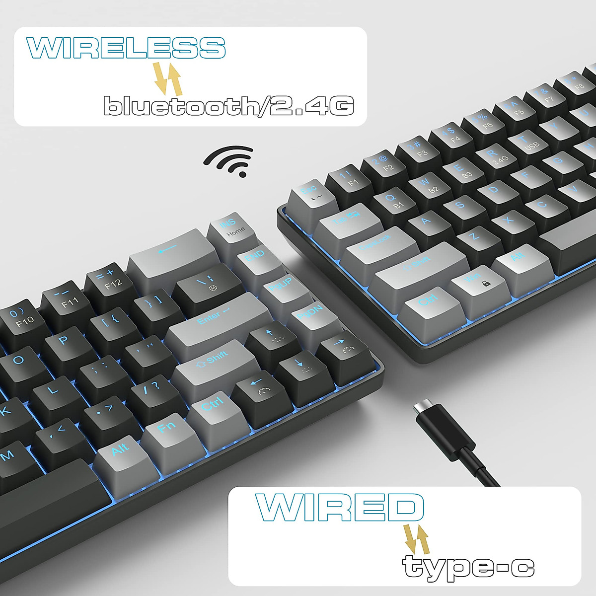 MageGee 60 Percent Wireless Mechanical Keyboard, 2.4G/BT5.1/USB-C Mini Gaming Keyboard with Blue Switch, 68 Keys Compact Blue Backlit Office Keyboard for PC Laptop Mac Smartphone, Black/Grey