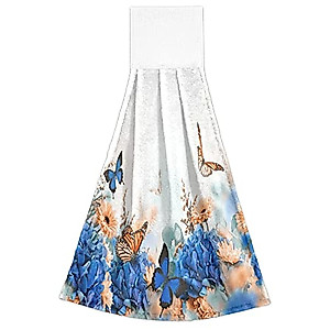 Butterflies Hanging Kitchen Towels Blue Flowers Floral Hand Towel 2PCS Dish Cloth Tie Towel Absorbent Oven Stove Washcloth with Loop for Bathroom Home Decorative
