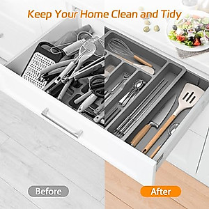 iDavosic.ly Silverware Drawer Organizer, Expandable Utensil Tray for Kitchen Drawers, Adjustable Plastic Cutlery Flatware Holder for Knife Fork Spoon with 8-10 Compartments (Large, Gray)