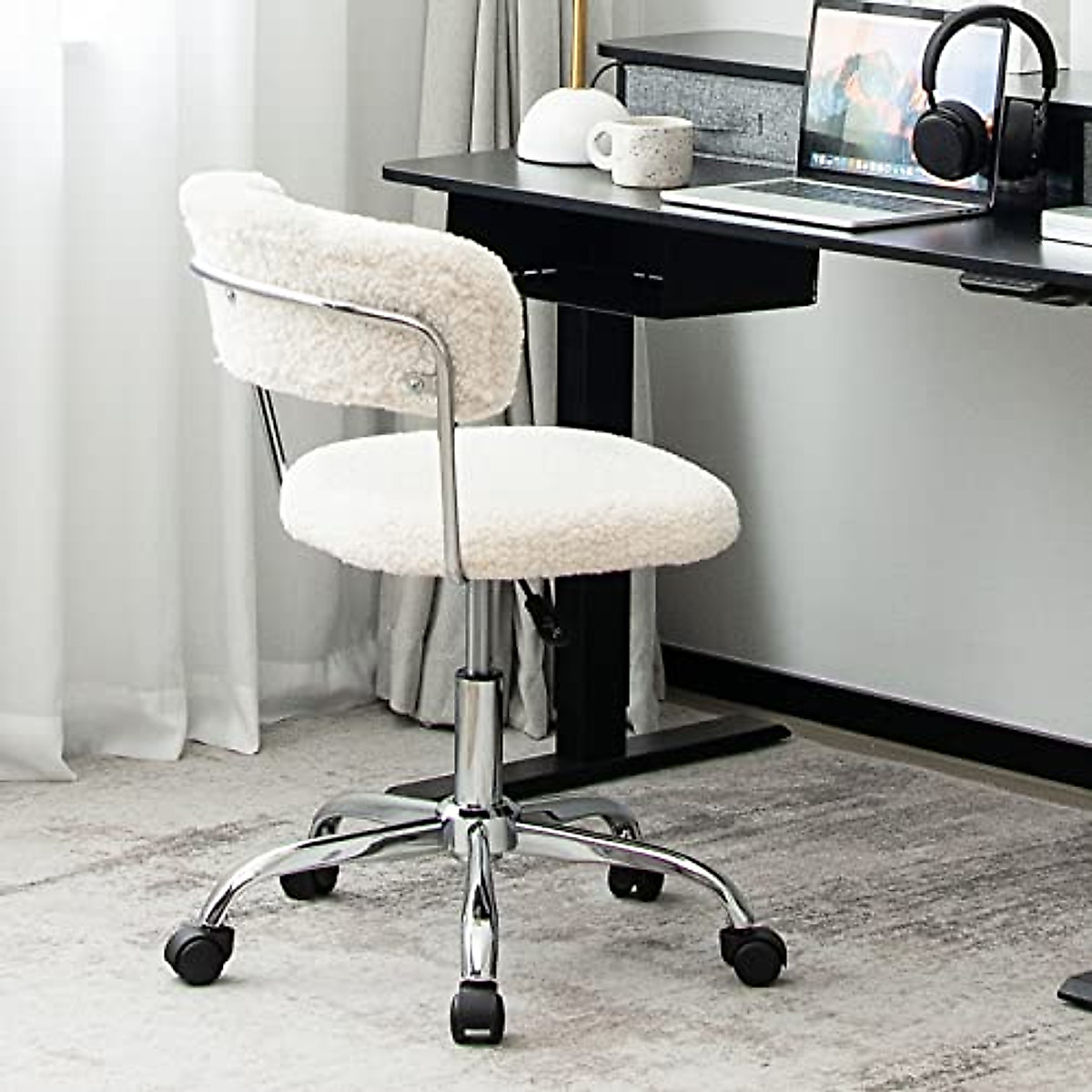 Giantex Home Office Chair, Faux Fur Low Back Swivel Leisure Chair w/Height Adjustable Padded Seat, Rolling Armless Vanity Chair w/Galvanized Steel Frame for Bedroom Study Guest Room, White