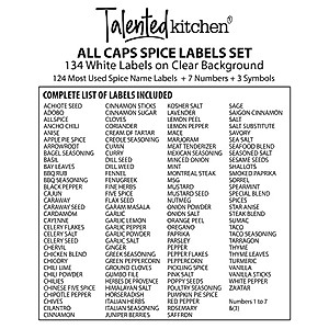 Talented Kitchen 134 Kitchen Spice Jar Labels Preprinted, Minimalist Bold All Caps White Letters and Numbers for Spice Rack, Kitchen Cabinet and Pantry Organization