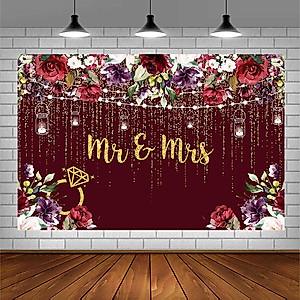 SENDY 7x5ft Burgundy Floral Mr & Mrs Backdrop Engagement Party Decorations for Couples Wedding Bride and Groom Engaged Ceremony Anniversary Bridal Shower Banner Gold Photography Background Photo Props