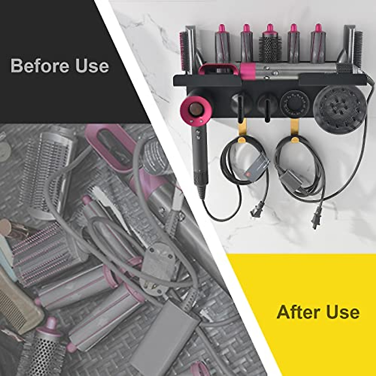 CATOOMUU Wall Mount Hair Dryer Stand Holder for Dyson Supersonic Hair Dryer and Dyson Airwrap Styler, 2 in 1 Blow Dryer Accessories Organizer Storage Rack, Aluminum Alloy