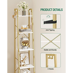 Hzuaneri Ladder Shelf, Bookshelf Bookcase, Freestanding Corner Storage Shelve with 2 Hooks for Home Office, Living Room, Kitchen, Bedroom, Industrial, 5-Tier White Gold BC03213G