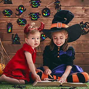 Blulu 48 Pieces Halloween Scratch Paper Rainbow Witch Pumpkin Scratch Crafts Kit Halloween Hanging Ornaments Art with Wooden Stick and Rope for Party Decoration DIY Supplies