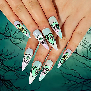 Halloween Stiletto Press on Nails Medium，Green Fake Nails Gradient False Nails with Eyeball Love Wound Lips Tongue Brain Styptic Halloween Designs Acrylic Nails Glossy Artificial Nails for Women 24Pcs