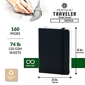 Pentalic 3" x 4" Pocket Sketchbook Traveler Journal, 160 Pages, Black