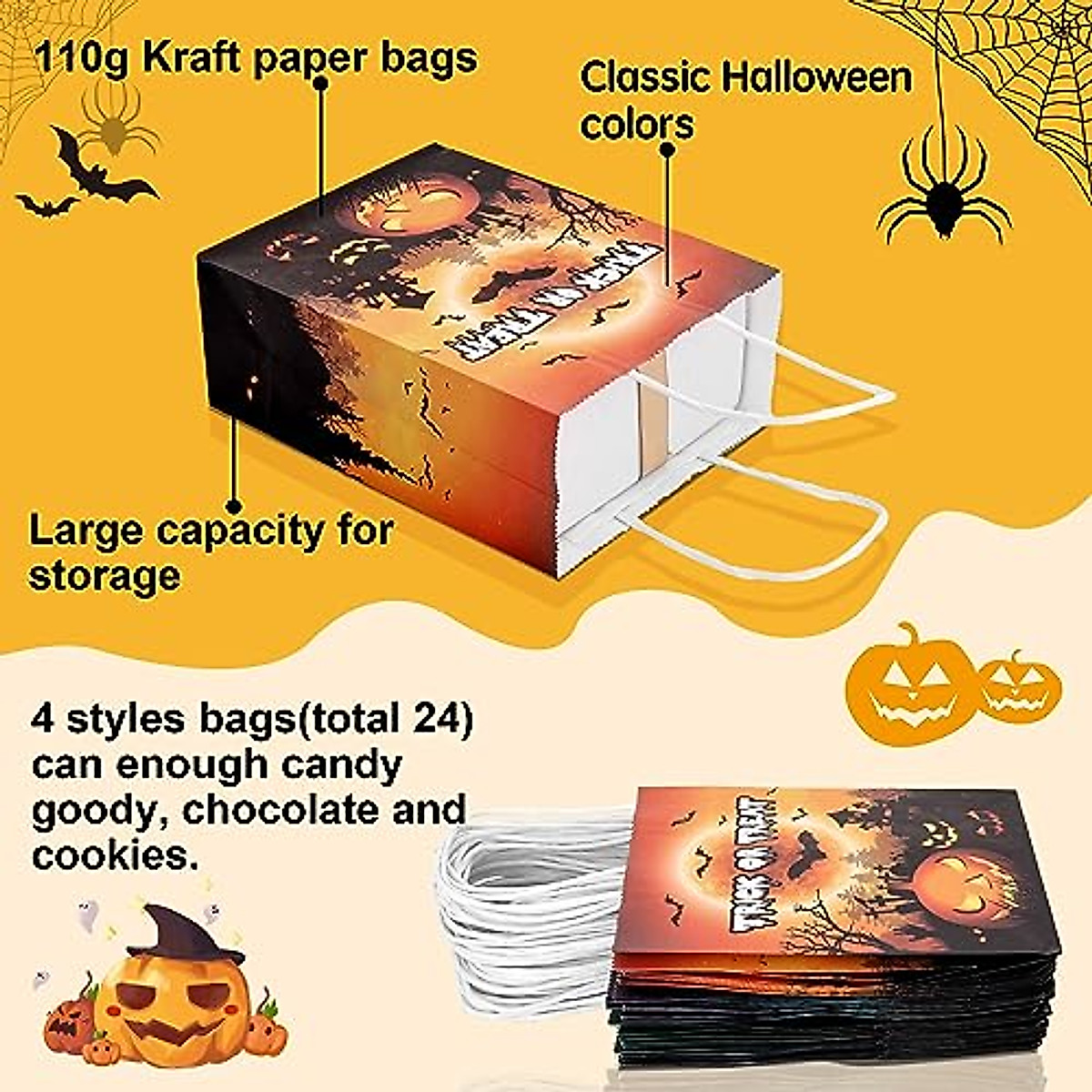 PAICUIKE 24 Pcs Halloween Paper Gift Bags - 6.3x3.1x8.3Inch Small Trick or Treat Gift Bags with Handles, Ideal for Kids' Parties
