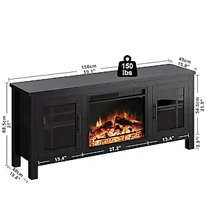 IRONCK 59” TV Stand with 23” Electric Fireplace, Glass Door TV Stand for TVs up to 65", Wood Entertainment Center for Living Room, Bedroom - Black