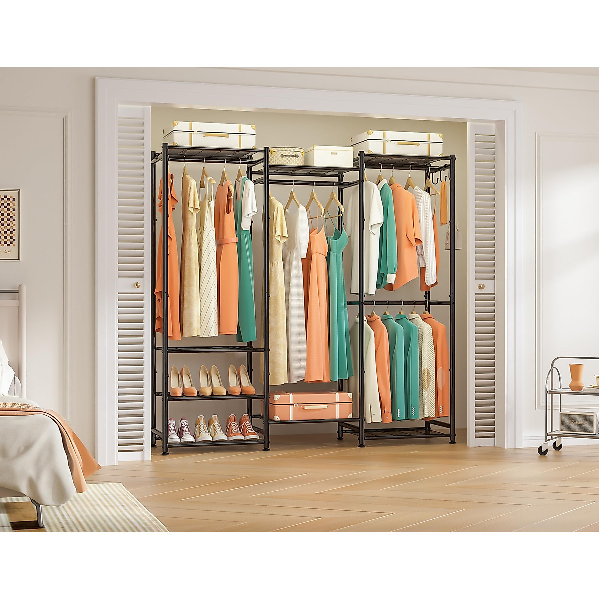 Neatrays Wardrobe Closet Heavy Duty Clothes Rack, Portable Closet Organizer System with 4 Hang Rods & 8 Shelves, Metal Clothing Rack Garment Rack for Hanging Clothes, Max Load 890 LBS