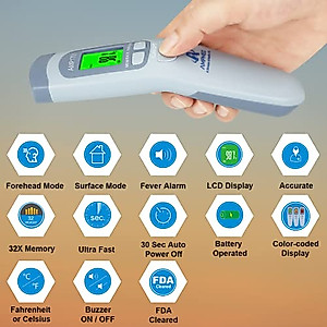 Amplim Non-Contact Digital Infrared Forehead Thermometer – Medical Grade, Touchless Accurate Instant Readings, Fever Alarm, Color LCD Display - for Adults, Babies, and Infants. FSA HSA Eligible