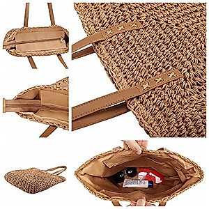 Ayliss Women Straw Shoulder Handbag Tote Shoulder Bag Summer Beach Woven Handmade Weaving Casual Bag for Vocation Travel (Khaki)