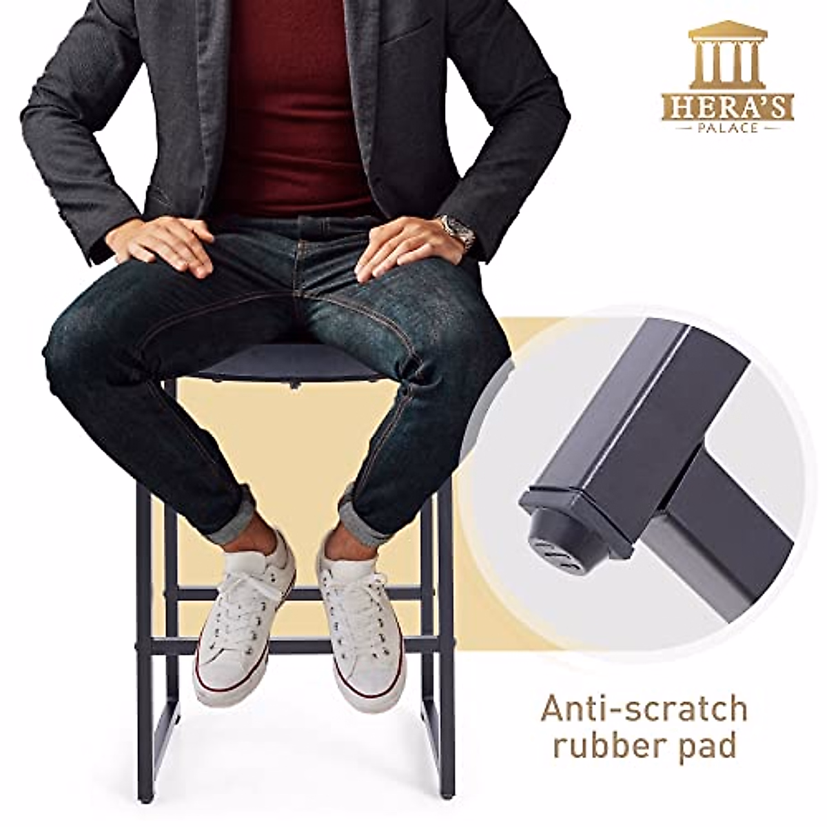 HERA'S PALACE Black 24" Square Saddle Barstools Set of 2, Metal Bar Stools Counter Height, Modern Backless Faux Leather Counter Stool for Kitchen Island Counter, Dining Pub, etc