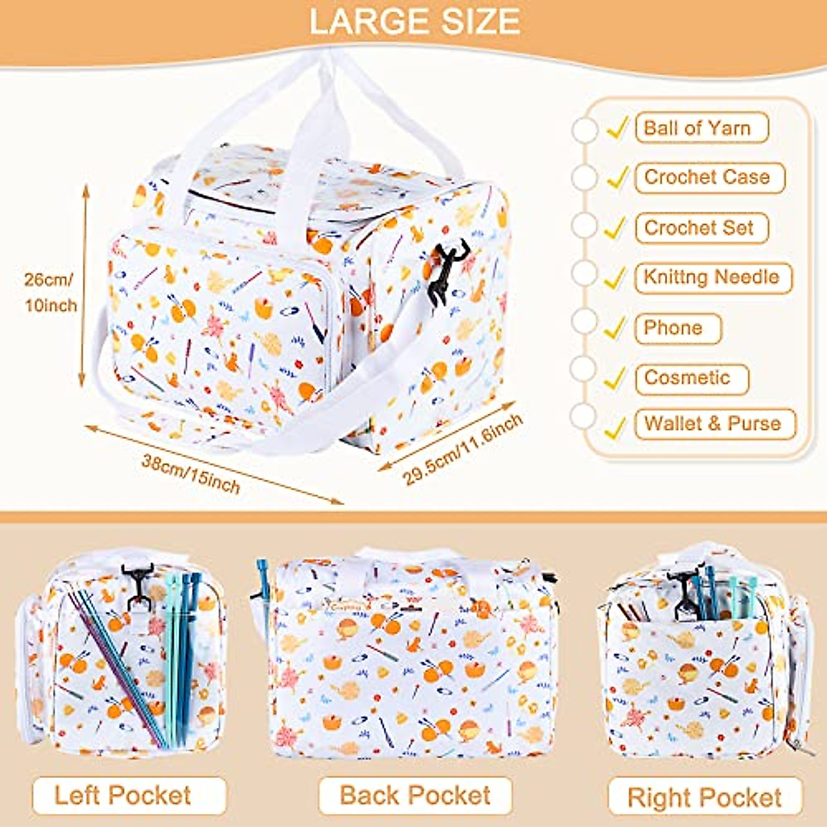 Coopay Huge Crochet Bag Knitting Bag for Crochet Hooks, Portable Yarn Bag Travel Crochet Bag with Removable Inner Divider for Crochet Yarn & Knitting Crochet Supplies -Ideal Knitting Gifts
