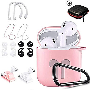 Airpods Case Pink,WQNIDE Airpods Accessories Set,12 in 1 Protective Silicone Cover and Skin for Apple Airpods Charging Case with Airpods Ear Hook Grips/Airpods Staps/Airpods Clips/Skin/Tips/Grips