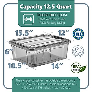Tribello 12.5 Quart Storage Bins with Lids, Plastic Storage Containers with Latching Lids For Organizing - Tinted - (15.5’ x 12” x 6”) - Set of 2 - Made in EU