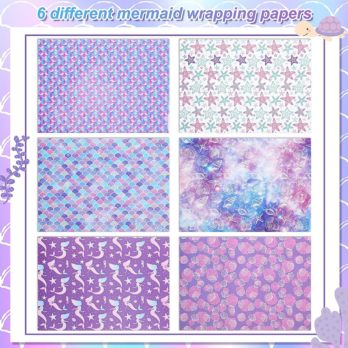 Kolldenn 12 Sheets Mermaid Gift Wrapping Paper Birthday Gift Folded Wrapping Paper 6 Styles 19.7 x 27.6 Inch Kids Mermaid Gift Box Packaging Paper for Girls Birthday Baby Shower Party Supplies