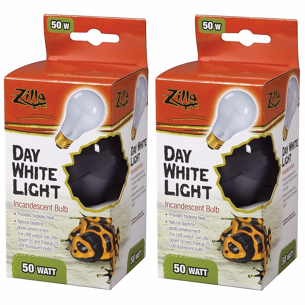 Zilla Incandescent Light and Heat Bulb, Day White, 50 Watts (2 Pack)