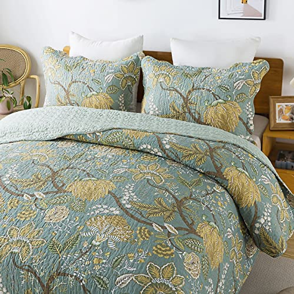 Travan 3-Piece Quilt Set Quilted Bedspread Cotton Coverlet Set Floral Printed Oversized Quilted Bedding Set with Shams for All Season, Green Vine, King Size