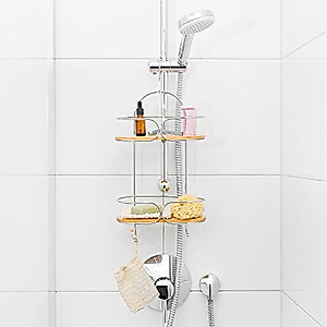Navaris Bamboo and Metal Shower Caddy - Over Shower Head 2-Shelf Hanging Organizer - Hanger Hook Shelves for Bathroom Showers, Toiletries, Accessories