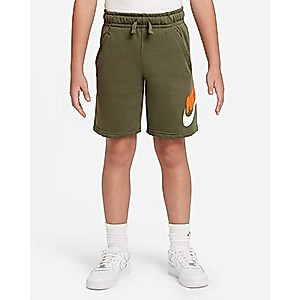 Nike Sportswear Club + HBR Fleece Shorts (Big Kids) (Medium, Medium Olive/Total Orange/White)