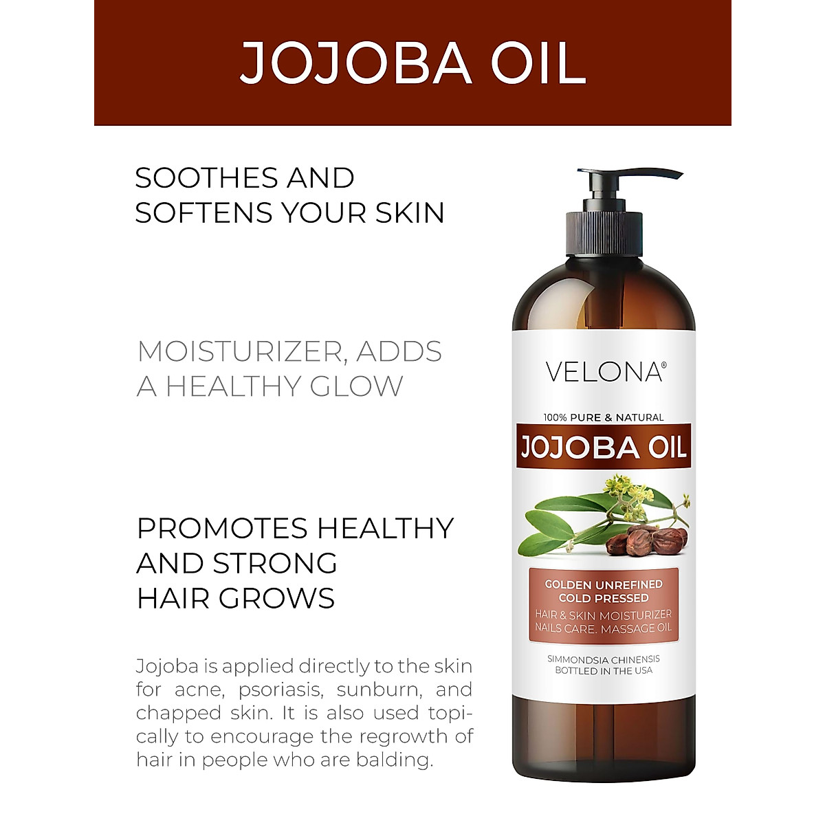 velona Jojoba Oil - 32 fl oz (with Pump) | 100% Pure and Natural | Golden, Unrefined, Cold Pressed, Hexane Free