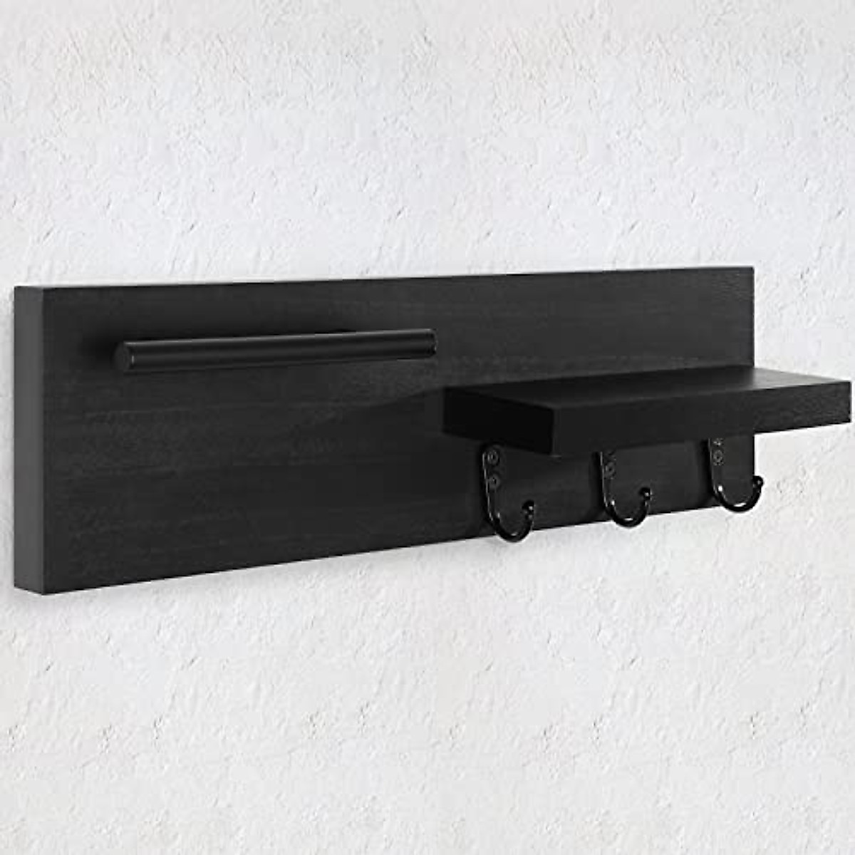 Lucundm Key Holder for Wall, Decorative Entryway Shelf with Hooks Holds Keys, Dog Leash, Sunglasses – Key Hanger with 3 Hooks Organizes, Enhances Home Decor (15” x 4.5” x 2.6”) (Black)