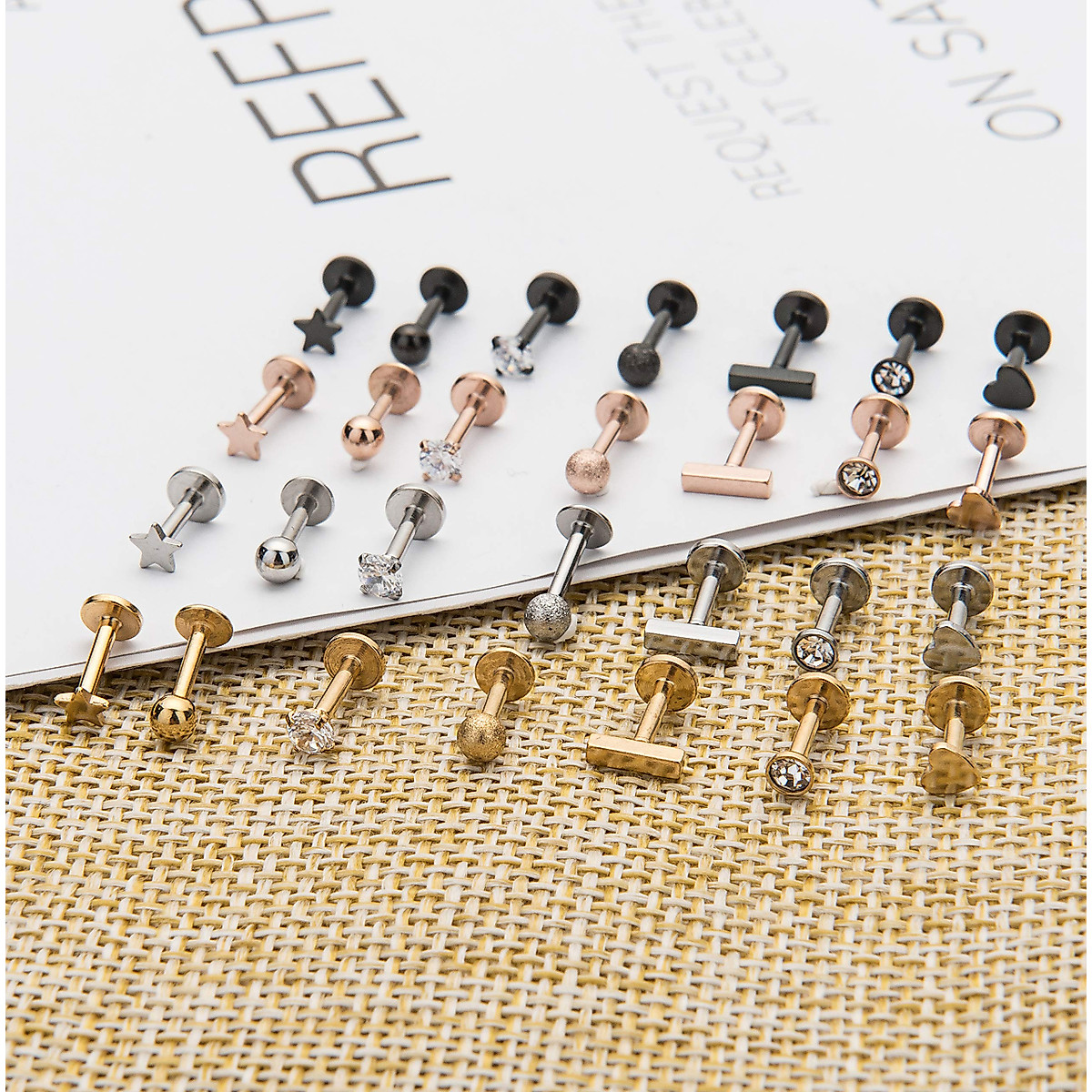 Masedy 16Pcs 16G 316L Stainless Steel CZ Labret Monroe Lip Rings Cartilage Helix Tragus Nose Piercing 6-8MM (C: 28Pcs 6MM)