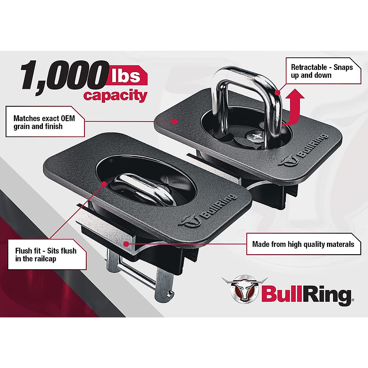 Bull Ring Flush Fit Retractable Truck Bed Tie Down Anchors for Ford F150 1998-2014, Ford F250/F350 Super Duty 1998-2016 Pickup, Fits Rear Stake Pockets (2 Pairs)