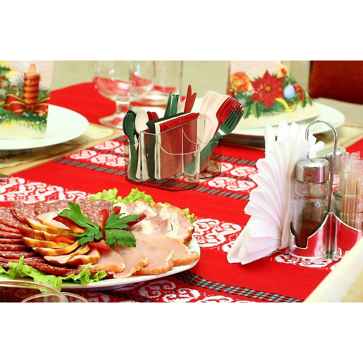 Tiger Chef 5 Compartment Clear Utensil Caddy. Organizer for Silverware Napkins Cups Tabletop Condiment for Dining Table Party Buffet Entertaining Picnics BBQ