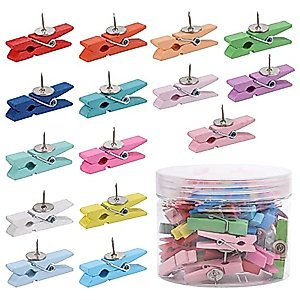 50Pcs Push Pin with Wooden Clips Tacks for Cork Board Artwork for Bulletin Board Crafts Arts Projects Photo Supplies(Colorful)