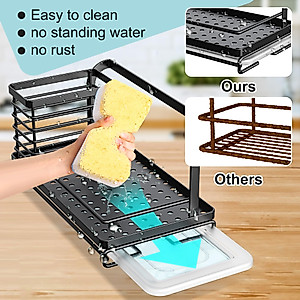 Nieifi Sink Caddy Organizer Countertop Sponge Brush Soap Holder with Drain Pan Stainless Steel for Kitchen Black