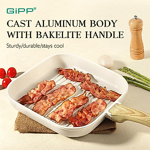 GiPP Nonstick Grill Pan for Stove Tops - 11 Inch Square Grilling Pan for Indoor Cooking & Outdoor Grilling, Non Stick Granite Grill Skillet Steak Pan, PFOA Free, White