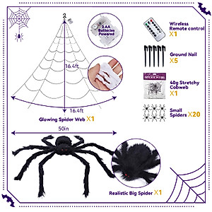 Halloween Decorations Spider Webs with 135 Purple Lights, 200" Triangular Huge Web, One Huge Spider, 20pcs Small Spiders and Extra Fiber for Outdoor Yard Decors
